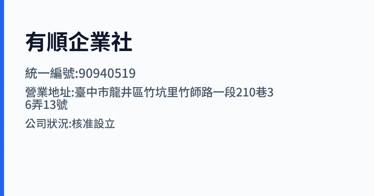 有順企業社 - 統編 90940519(臺中市) 公司登記資料與營業項目詳細圖表