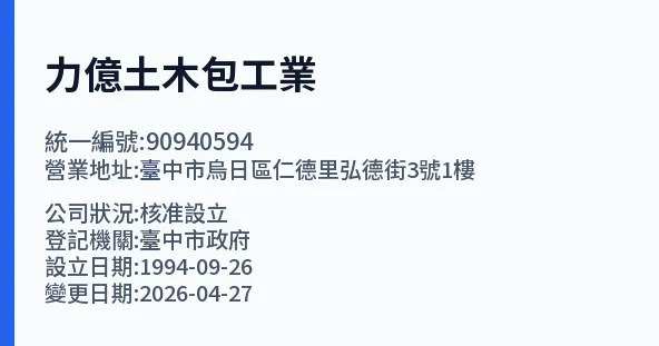 力億土木包工業的照片-統編 90940594(臺中市) 公司登記資料與營業項目詳細圖表