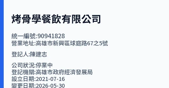 烤骨學餐飲有限公司的照片-統編 90941828(高雄市) 公司登記資料與營業項目詳細圖表