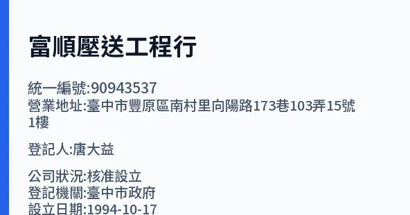 富順壓送工程行的照片-統編 90943537(臺中市) 公司登記資料與營業項目詳細圖表