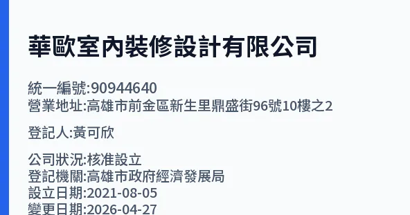 華歐室內裝修設計有限公司的照片-統編 90944640(高雄市) 公司登記資料與營業項目詳細圖表