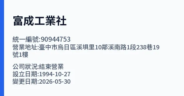富成工業社的照片-統編 90944753(臺中市) 公司登記資料與營業項目詳細圖表