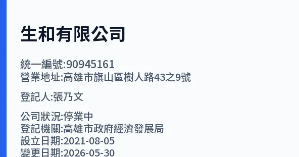 生和有限公司的照片-統編 90945161(高雄市) 公司登記資料與營業項目詳細圖表