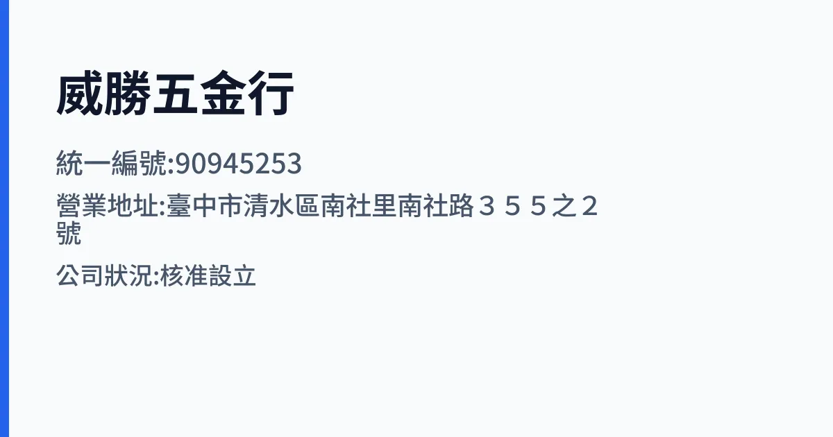 威勝五金行 - 統編 90945253(臺中市) 公司登記資料與營業項目詳細圖表
