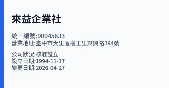 來益企業社的照片-統編 90945633(臺中市) 公司登記資料與營業項目詳細圖表