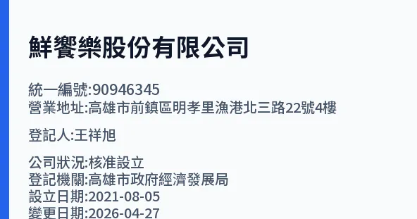鮮饗樂股份有限公司的照片-統編 90946345(高雄市) 公司登記資料與營業項目詳細圖表