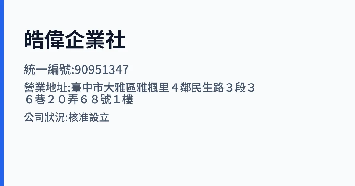 皓偉企業社 - 統編 90951347(臺中市) 公司登記資料與營業項目詳細圖表