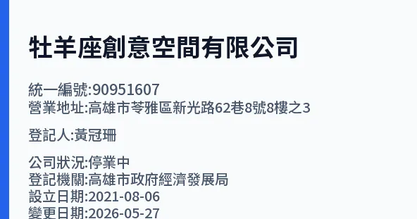 牡羊座創意空間有限公司的照片-統編 90951607(高雄市) 公司登記資料與營業項目詳細圖表