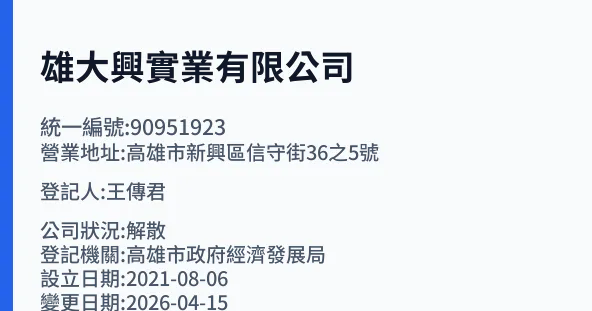 雄大興實業有限公司的照片-統編 90951923(高雄市) 公司登記資料與營業項目詳細圖表