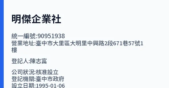 明傑企業社的照片-統編 90951938(臺中市) 公司登記資料與營業項目詳細圖表
