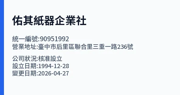 佑其紙器企業社的照片-統編 90951992(臺中市) 公司登記資料與營業項目詳細圖表