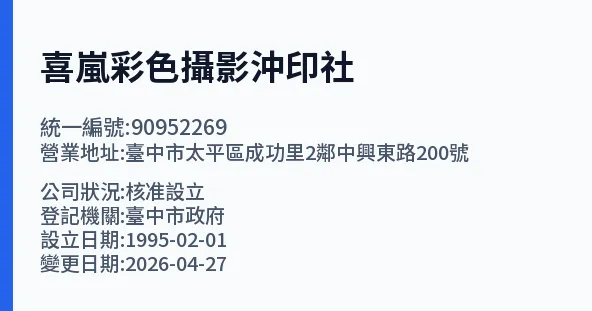 喜嵐彩色攝影沖印社的照片-統編 90952269(臺中市) 公司登記資料與營業項目詳細圖表