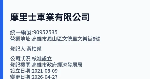 摩里士車業有限公司的照片-統編 90952535(高雄市) 公司登記資料與營業項目詳細圖表
