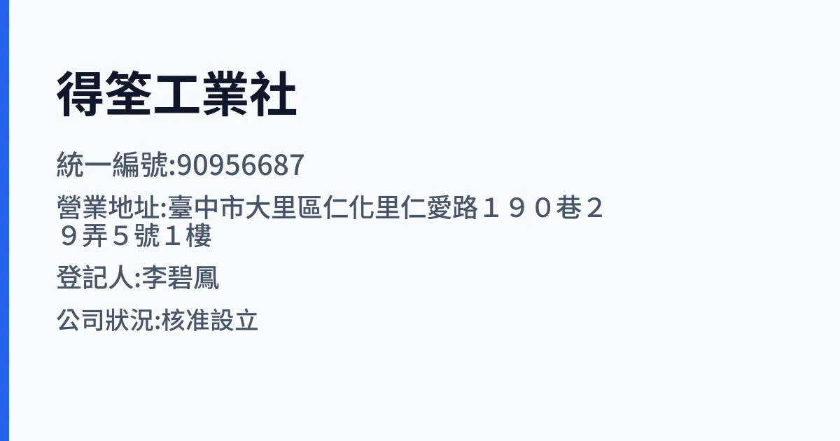 得筌工業社 - 統編 90956687(臺中市) 公司登記資料與營業項目詳細圖表