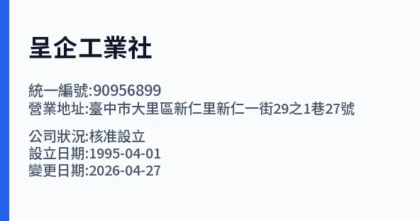 呈企工業社的照片-統編 90956899(臺中市) 公司登記資料與營業項目詳細圖表