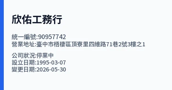 欣佑工務行的照片-統編 90957742(臺中市) 公司登記資料與營業項目詳細圖表