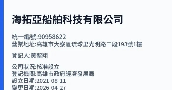 海拓亞船舶科技有限公司的照片-統編 90958622(高雄市) 公司登記資料與營業項目詳細圖表