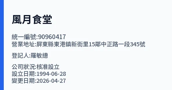 風月食堂的照片-統編 90960417(屏東縣) 公司登記資料與營業項目詳細圖表