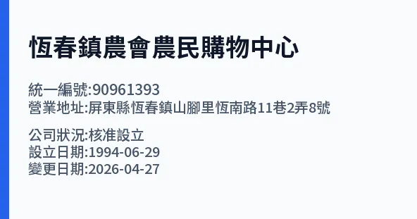 恆春鎮農會農民購物中心的照片-統編 90961393(屏東縣) 公司登記資料與營業項目詳細圖表