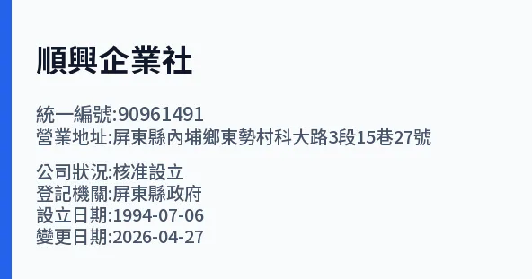 順興企業社的照片-統編 90961491(屏東縣) 公司登記資料與營業項目詳細圖表