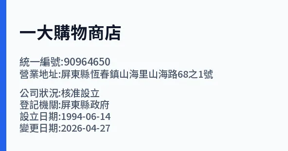 一大購物商店的照片-統編 90964650(屏東縣) 公司登記資料與營業項目詳細圖表