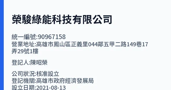 榮駿綠能科技有限公司的照片-統編 90967158(高雄市) 公司登記資料與營業項目詳細圖表