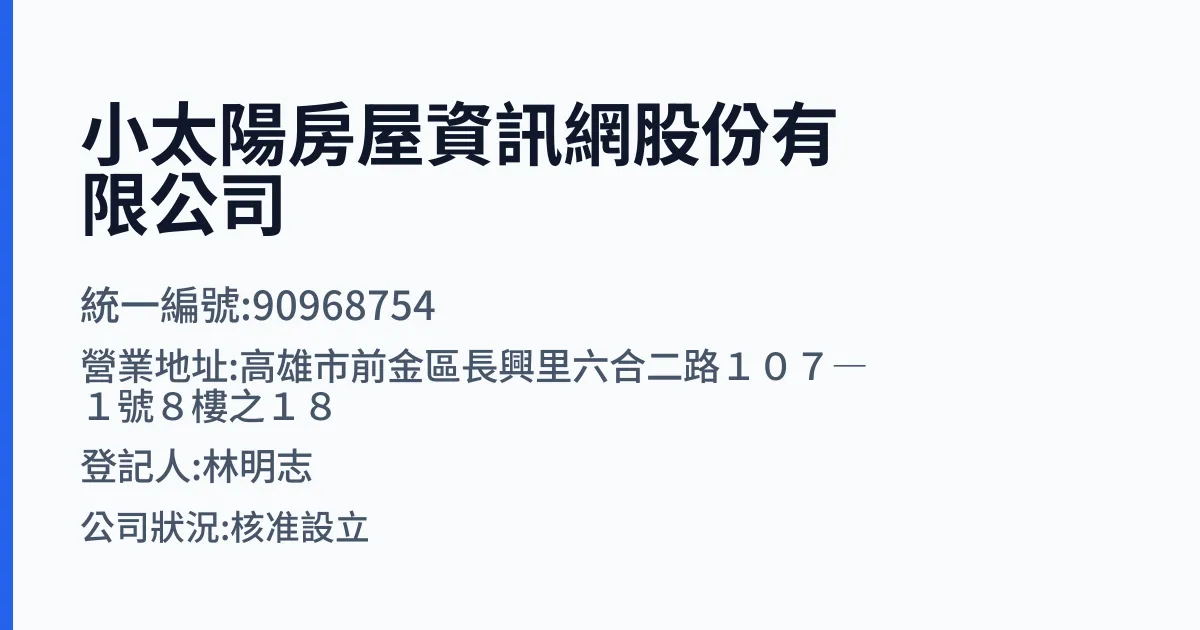 小太陽房屋資訊網股份有限公司 - 統編 90968754(高雄市) 公司登記資料與營業項目詳細圖表