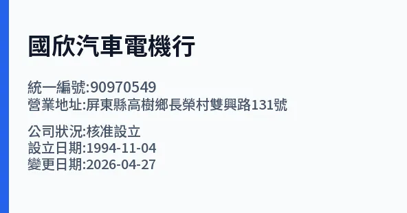 國欣汽車電機行的照片-統編 90970549(屏東縣) 公司登記資料與營業項目詳細圖表