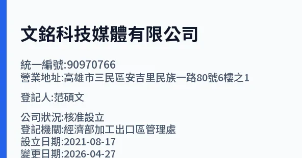 文銘科技媒體有限公司的照片-統編 90970766(高雄市) 公司登記資料與營業項目詳細圖表