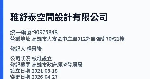 雅舒泰空間設計有限公司的照片-統編 90975848(高雄市) 公司登記資料與營業項目詳細圖表