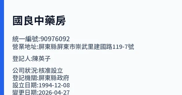 國良中藥房的照片-統編 90976092(屏東縣) 公司登記資料與營業項目詳細圖表