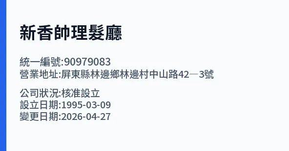 新香帥理髮廳的照片-統編 90979083(屏東縣) 公司登記資料與營業項目詳細圖表
