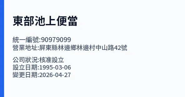 東部池上便當的照片-統編 90979099(屏東縣) 公司登記資料與營業項目詳細圖表