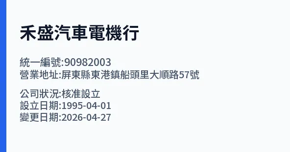 禾盛汽車電機行的照片-統編 90982003(屏東縣) 公司登記資料與營業項目詳細圖表