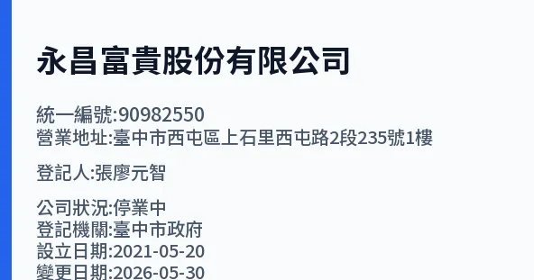 永昌富貴股份有限公司的照片-統編 90982550(臺中市) 公司登記資料與營業項目詳細圖表