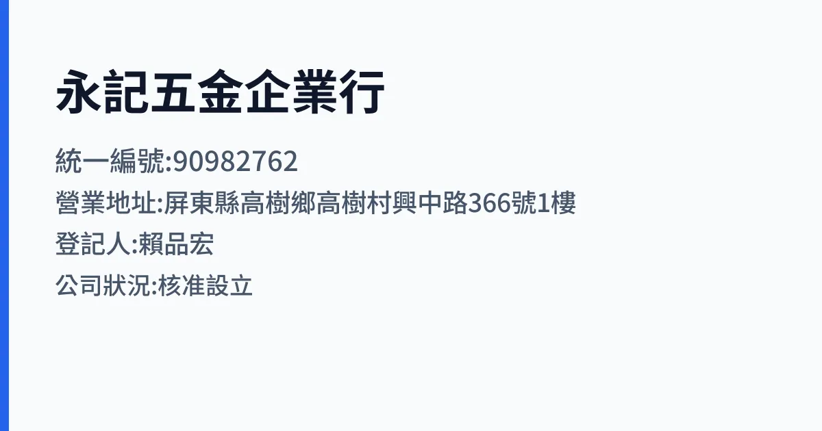 永記五金企業行 - 統編 90982762(屏東縣) 公司登記資料與營業項目詳細圖表