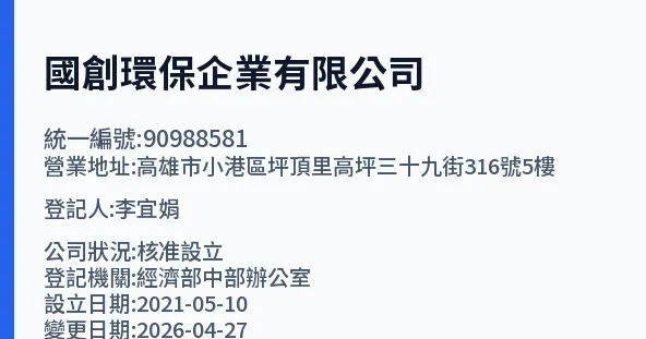 國創環保企業有限公司的照片-統編 90988581(高雄市) 公司登記資料與營業項目詳細圖表