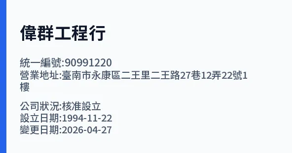 偉群工程行的照片-統編 90991220(臺南市) 公司登記資料與營業項目詳細圖表