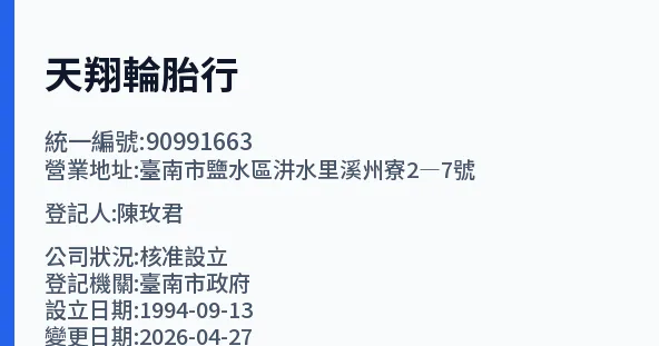 天翔輪胎行的照片-統編 90991663(臺南市) 公司登記資料與營業項目詳細圖表