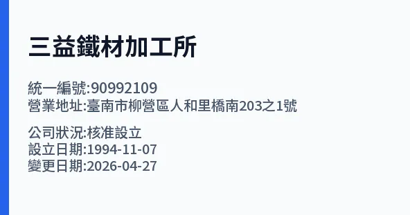 三益鐵材加工所的照片-統編 90992109(臺南市) 公司登記資料與營業項目詳細圖表