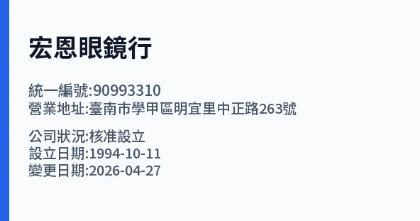 宏恩眼鏡行的照片-統編 90993310(臺南市) 公司登記資料與營業項目詳細圖表