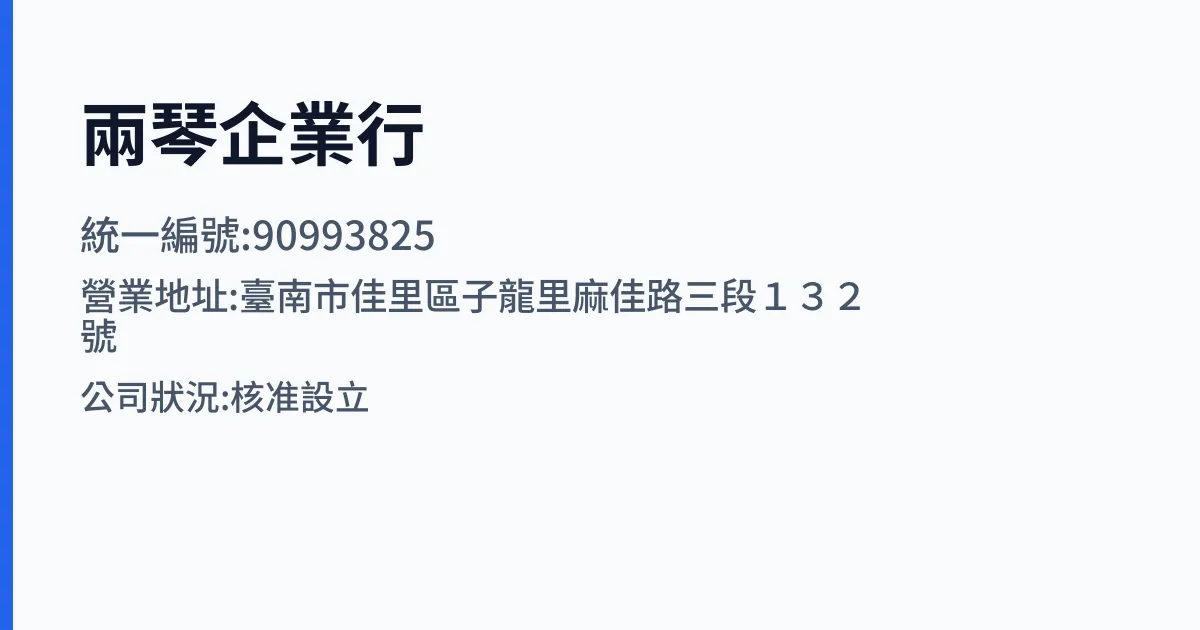 兩琴企業行 - 統編 90993825(臺南市) 公司登記資料與營業項目詳細圖表