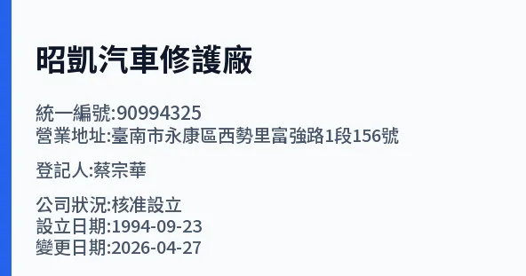 昭凱汽車修護廠的照片-統編 90994325(臺南市) 公司登記資料與營業項目詳細圖表