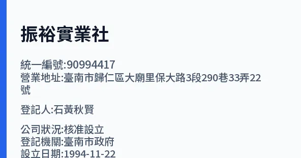 振裕實業社的照片-統編 90994417(臺南市) 公司登記資料與營業項目詳細圖表