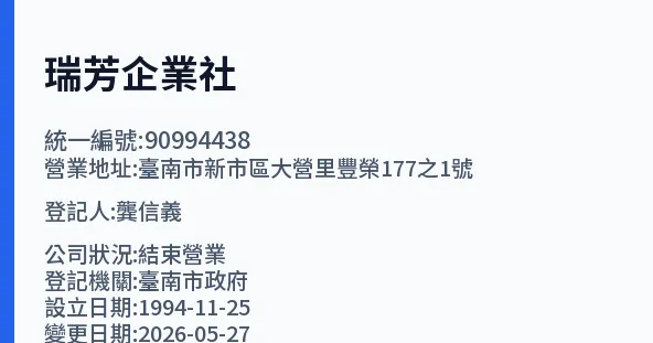 瑞芳企業社的照片-統編 90994438(臺南市) 公司登記資料與營業項目詳細圖表