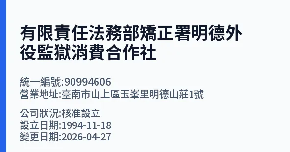 有限責任法務部矯正署明德外役監獄消費合作社的照片-統編 90994606(臺南市) 公司登記資料與營業項目詳細圖表