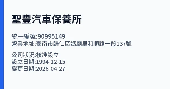 聖豐汽車保養所的照片-統編 90995149(臺南市) 公司登記資料與營業項目詳細圖表