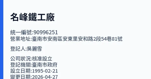 名峰鐵工廠的照片-統編 90996251(臺南市) 公司登記資料與營業項目詳細圖表