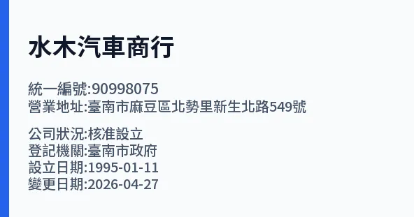 水木汽車商行的照片-統編 90998075(臺南市) 公司登記資料與營業項目詳細圖表