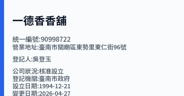 一德香香舖的照片-統編 90998722(臺南市) 公司登記資料與營業項目詳細圖表